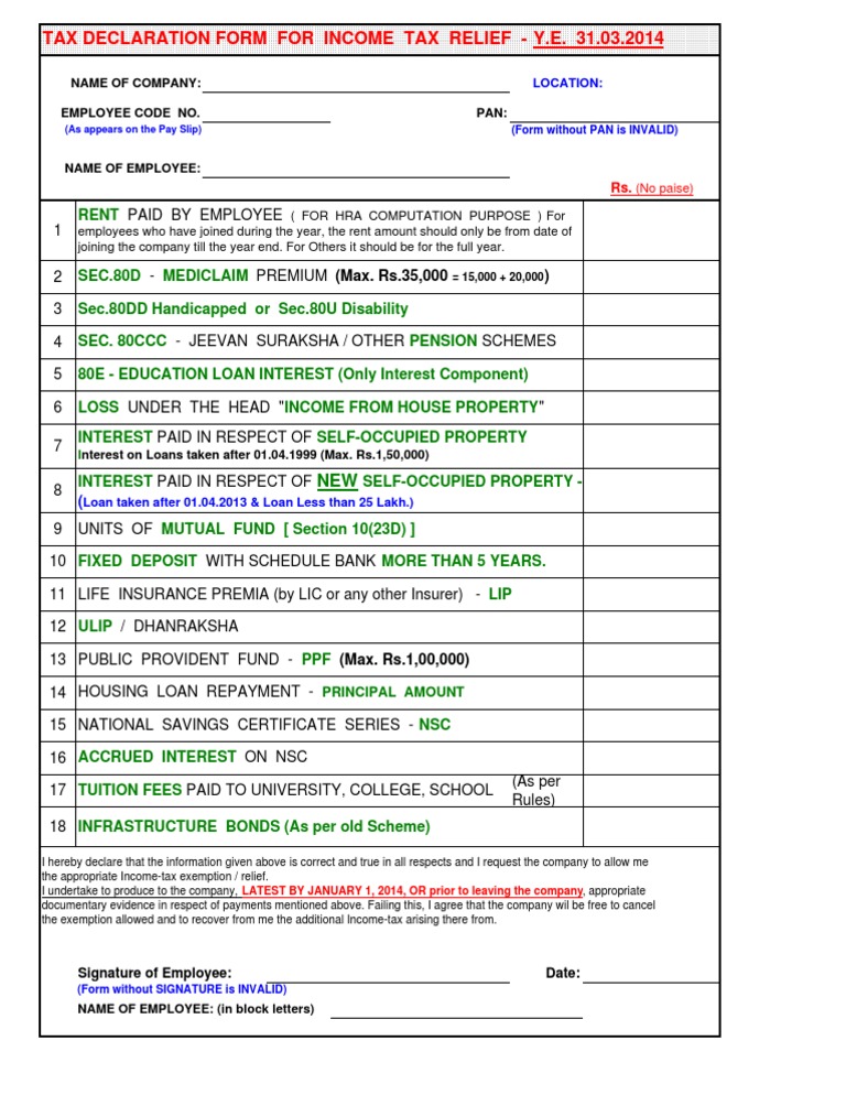 Tax Declaration Form - Ye. 31.03.2014 - All
