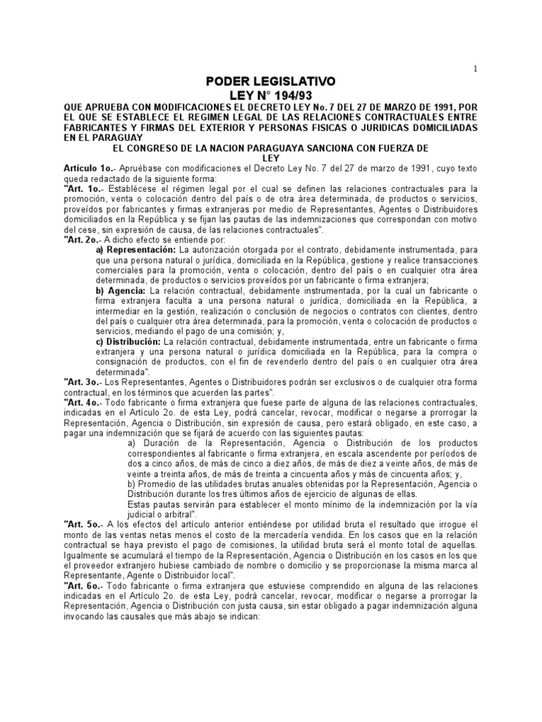 Ley 194 Del 93 Relaciones Contractuales | PDF | Distribución (comercial ...