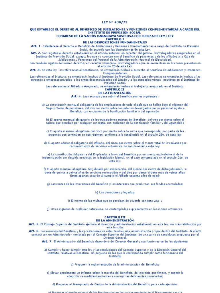 Ley 430 Del 73 Que Establece El Derecho Al Beneficio de Jubilaciones y ...