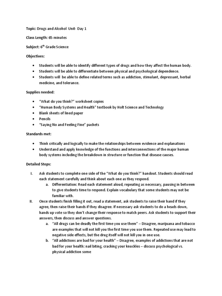 Drugs Day 1 Lesson Plan | PDF | Alcoholism | Substance Dependence