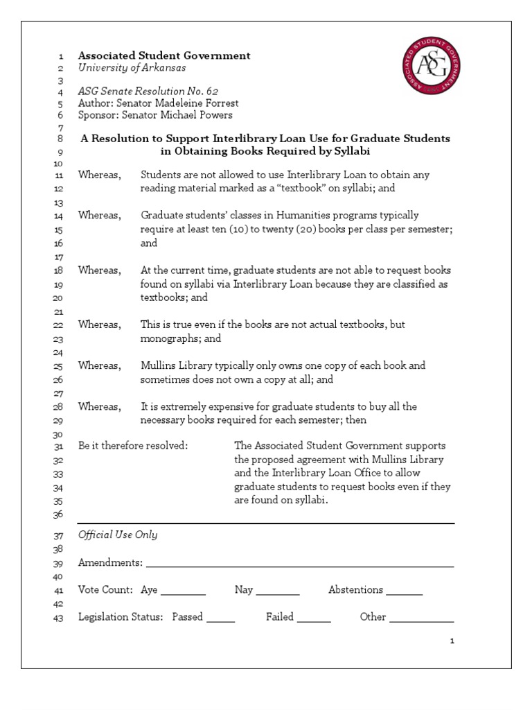 ASG Senate Resolution No. 62 - Interlibrary Loan | PDF