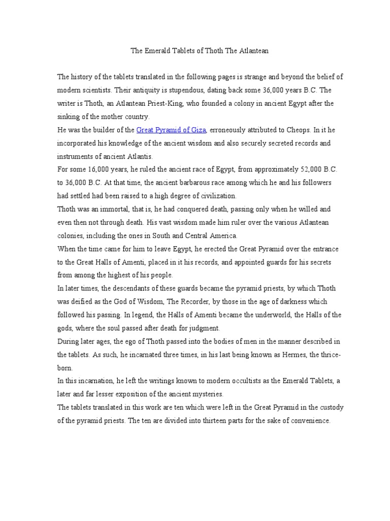 The Emerald Tablets of Thoth The Atlantean 1 | PDF | Atlantis | Wisdom
