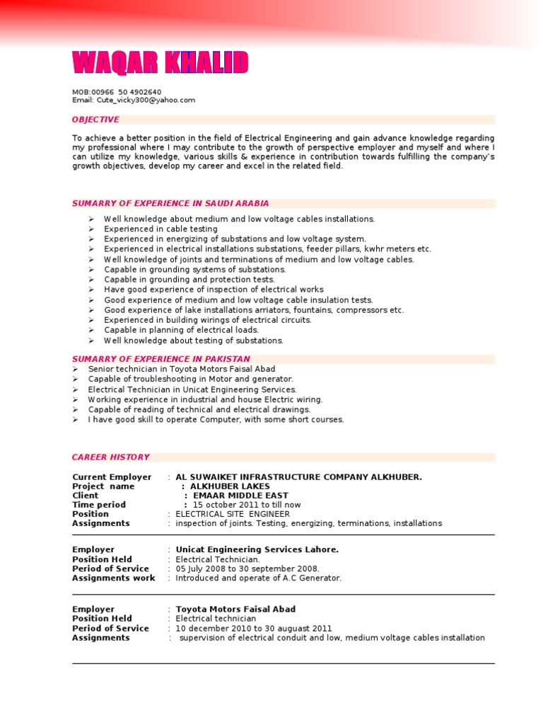 Waqar CV | Download Free PDF | Electrical Substation | Electrical Wiring