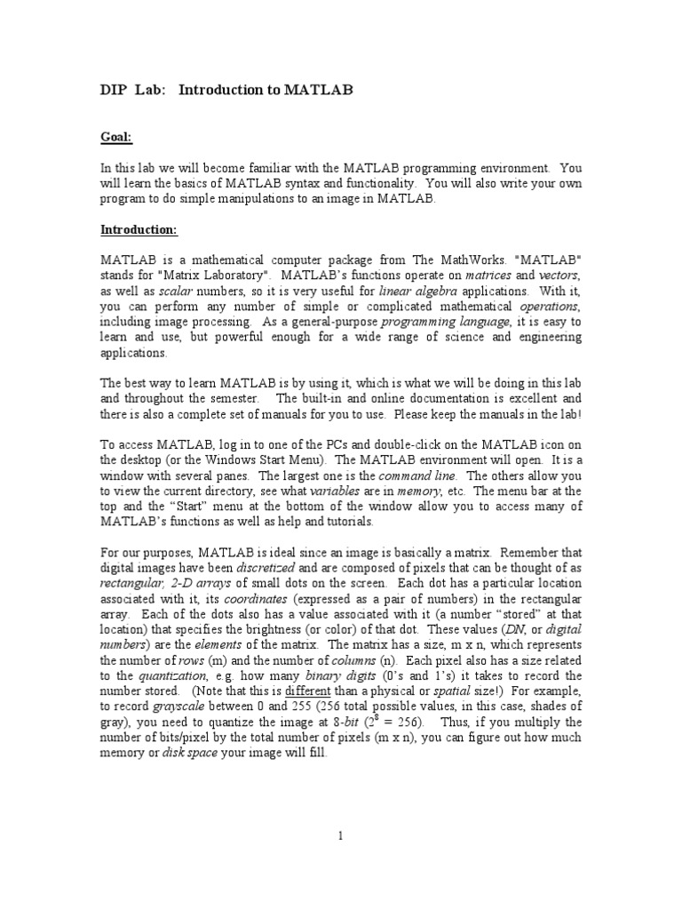 DIP Lab: Introduction To MATLAB: Goal | PDF | Matlab | Matrix (Mathematics)