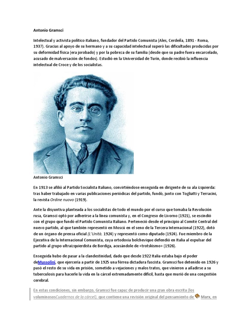Biografía de Antonio Gramsci (1891-1937) | PDF