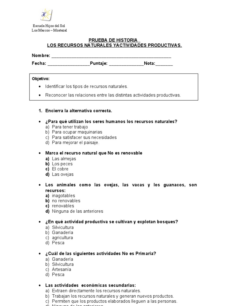 Prueba Recursos Naturales | PDF