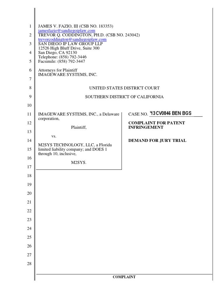 Imageware Systems v. M2SYS Technology Et. Al. | PDF | Patent ...