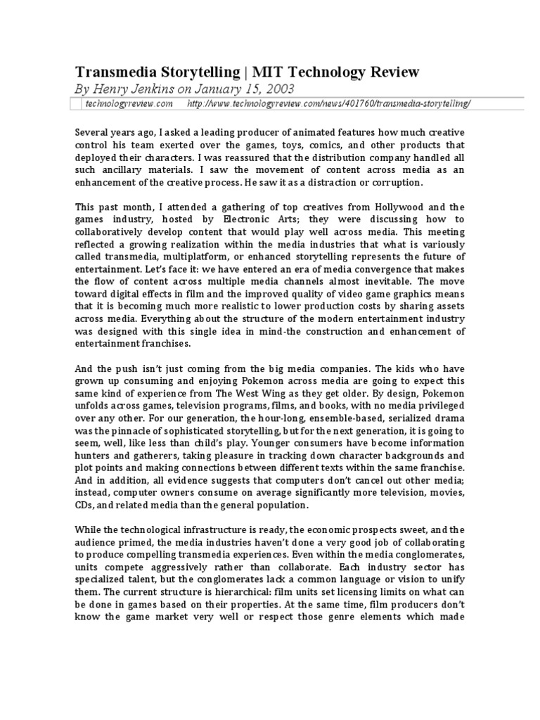 JENKINS, HENRY - Transmedia Storytelling | PDF | Mass Media