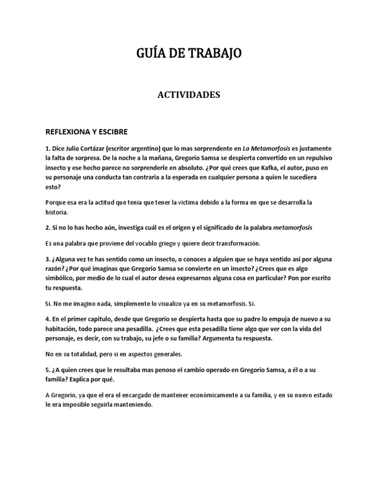 Actividades sobre La Metamorfosis de Kafka | PDF | La metamorfosis ...