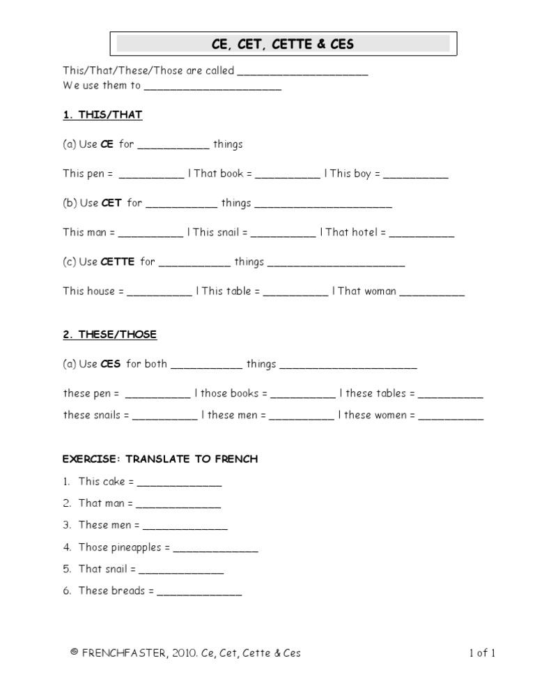 Ce Cet Cette Ces | PDF