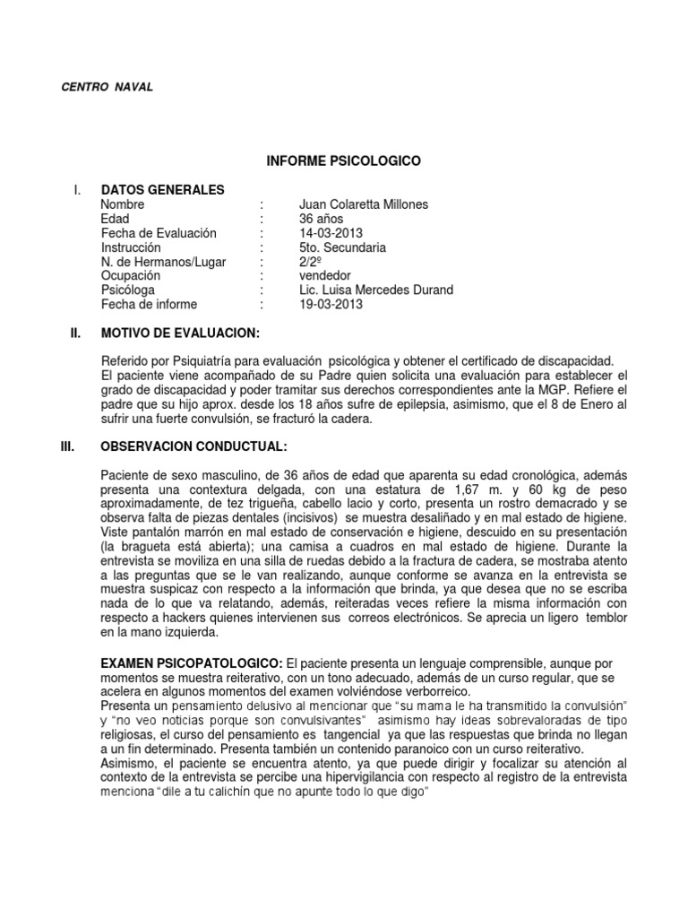 Modelo de Informe Psicologico | PDF | Memoria | Campos relacionados con la psiquiatría
