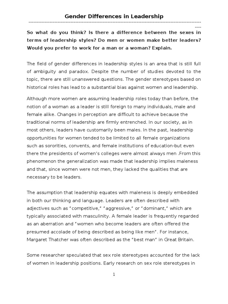 Gender Differences in Leadership | PDF | Gender Role | Sex Differences ...