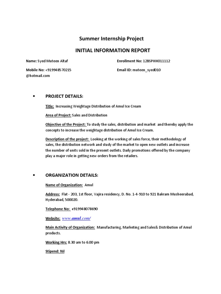 Summer Internship Project Initial Information Report | PDF | Business
