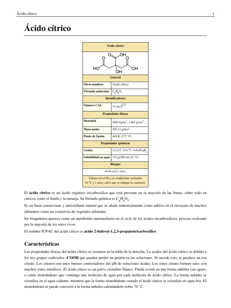 Ácido Cítrico | PDF | Moléculas | Materiales