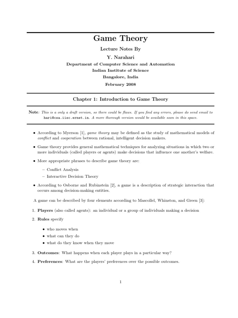 Game Theory: Lecture Notes by Y. Narahari | PDF | Utility | Game Theory