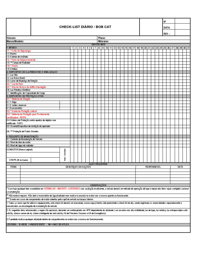 Checklist diário Bobcat | PDF