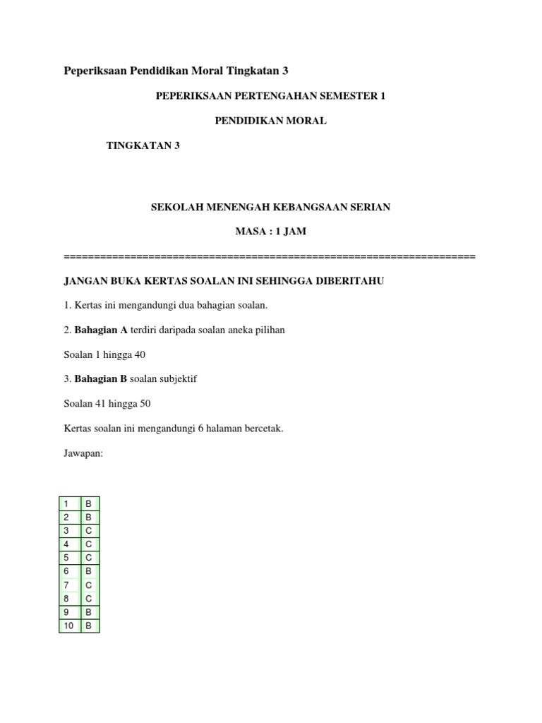 Peperiksaan Pendidikan Moral Tingkatan 3 | PDF