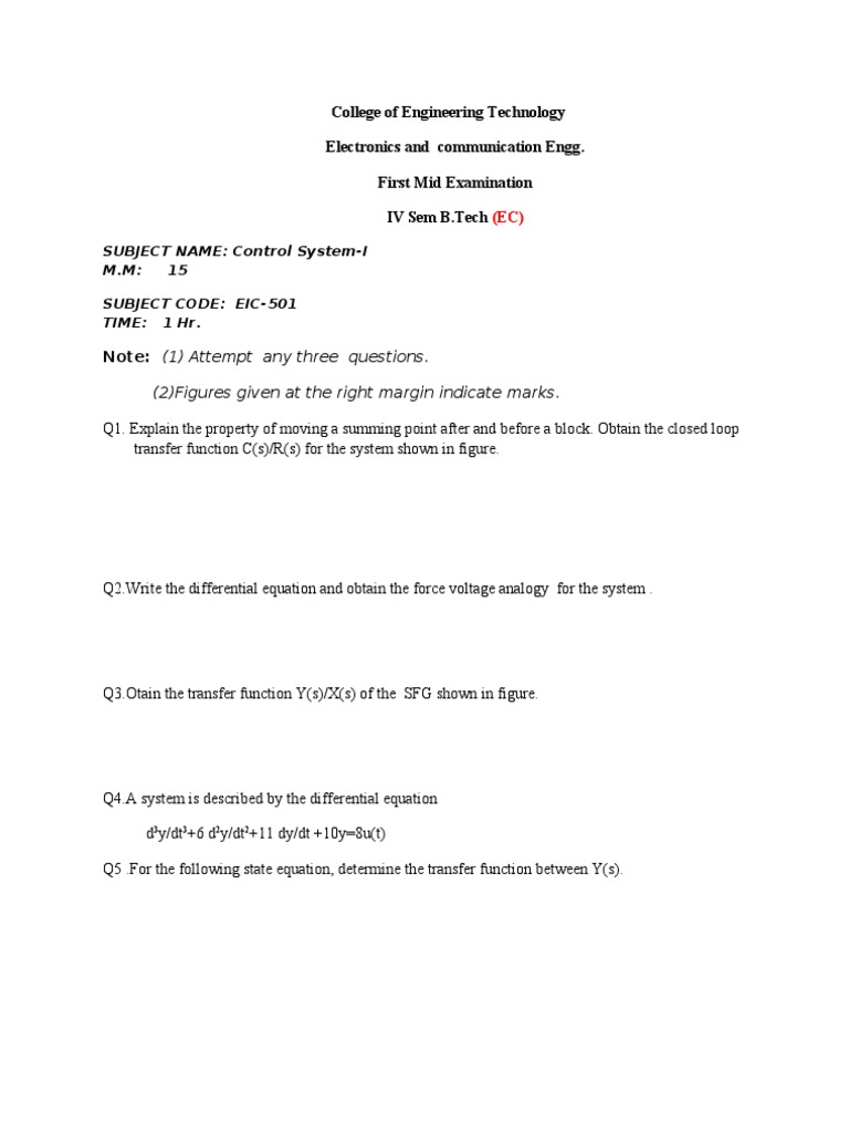 Control System-I Mid Exam B.Tech EC | PDF | Teaching Methods ...