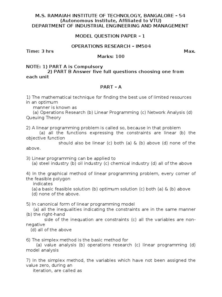 Operations Research Model Question Paper | PDF | Linear Programming ...