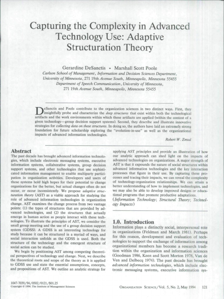 Adaptive Structuration Theory Poole and Desanctis | PDF ...