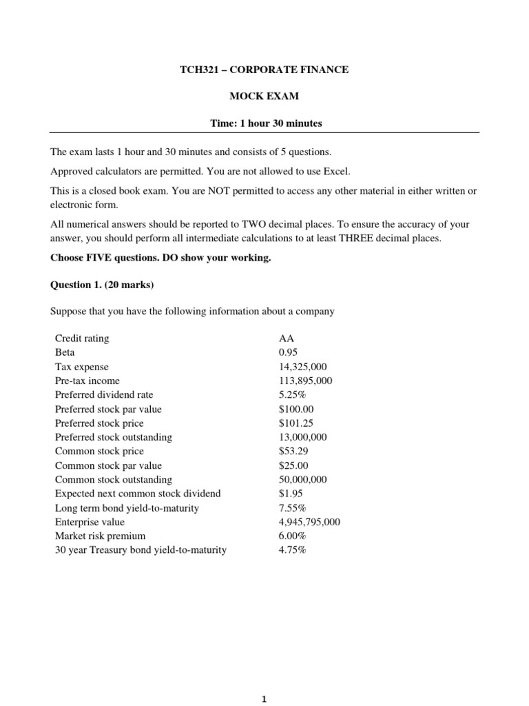 Corporate Finance - Mock Exam | PDF | Preferred Stock | Capital Structure