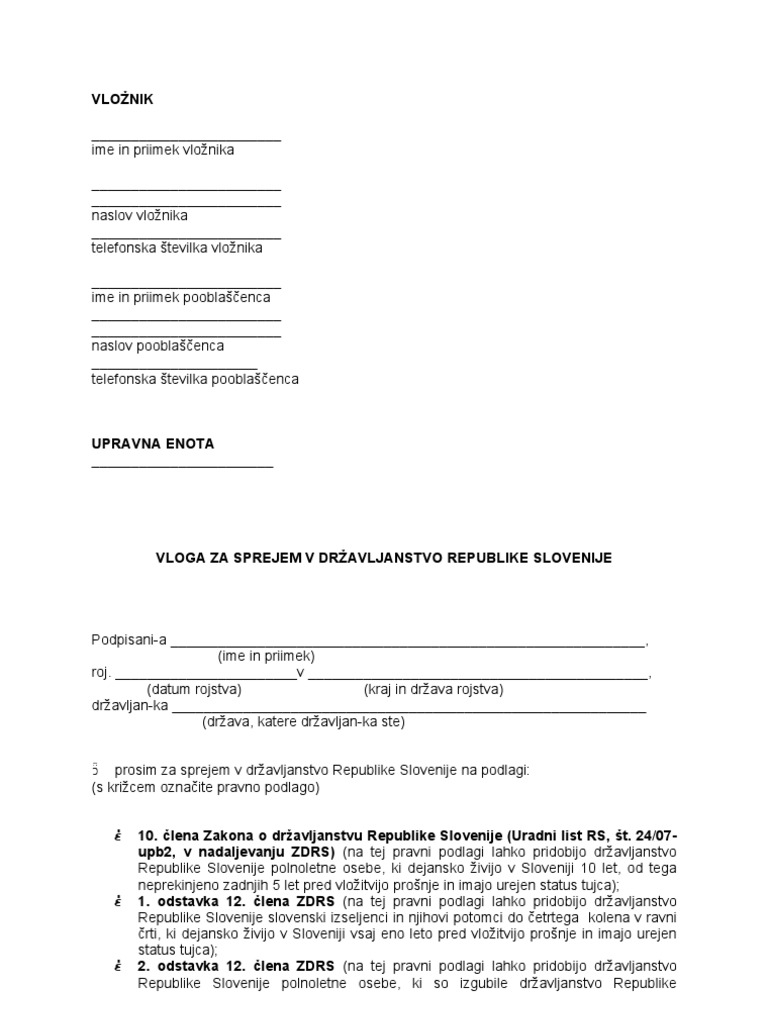 Vloga Za Sprejem V Drzavljanstvo Republike Slovenije | PDF