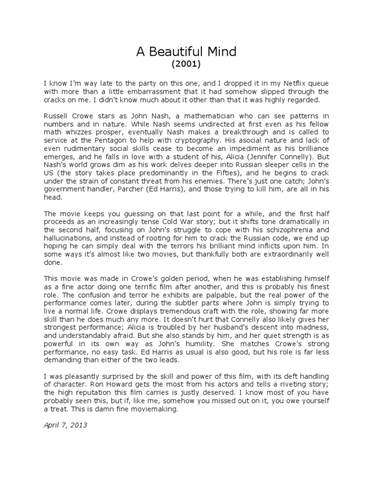 A Beautiful Mind Movie Review | PDF | Leisure