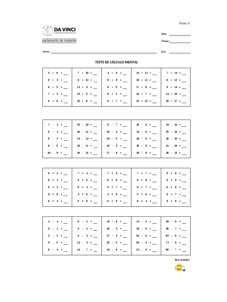 Ficha de Calculo Mental - Ficha C | PDF