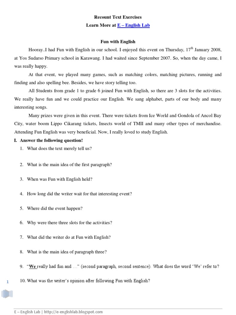 Recount Text Exercises Learn More At: E - English Lab | PDF