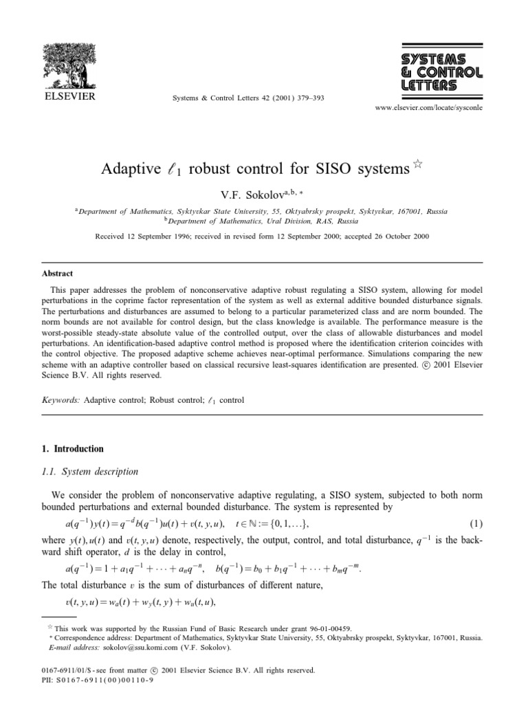 Adaptive l1 Robust Control For SISO Systems | PDF | Perturbation Theory (Quantum Mechanics ...