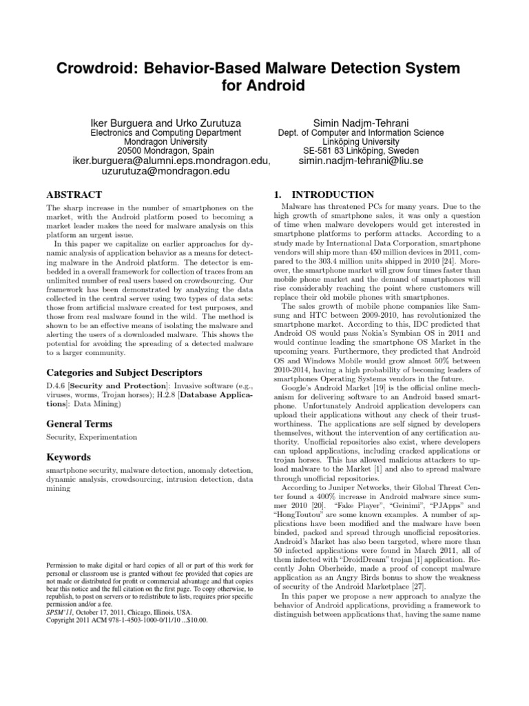 Crowdroid: Behavior-Based Malware Detection System For Android | PDF
