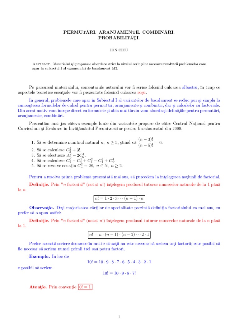 Permutari. Aranjamente. Combinari. Probabilitati | PDF