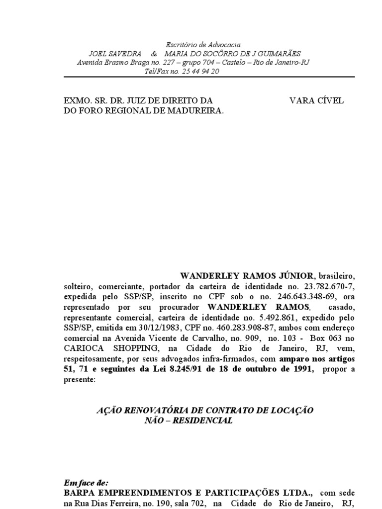 Vara Cível - Ação Renovatória de Contrato de Locação - Wande | PDF ...