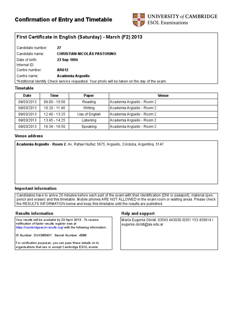 Confirmation of Entry and Timetable: First Certificate in English ...