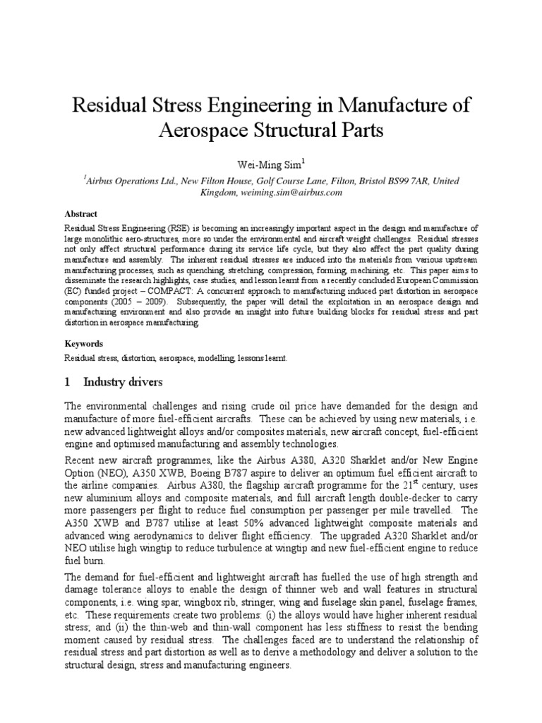 Residual Stress Engineering In Manufacture Of Aerospace Structural