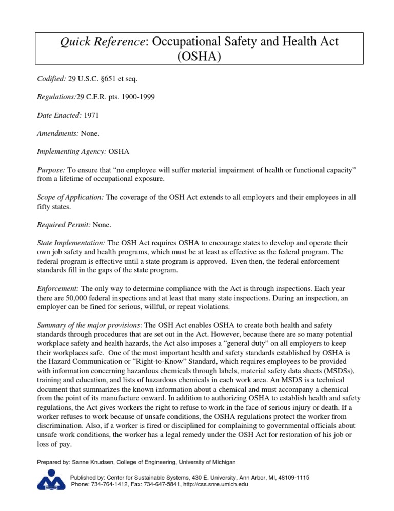 Quick Reference: Occupational Safety and Health Act: (OSHA) | PDF ...