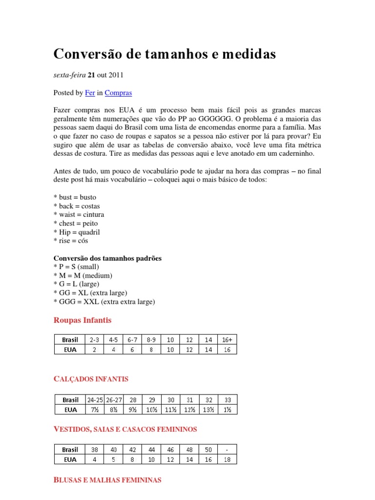 Conversão de Tamanhos e Medidas de Roupa | PDF | Calças | Roupas
