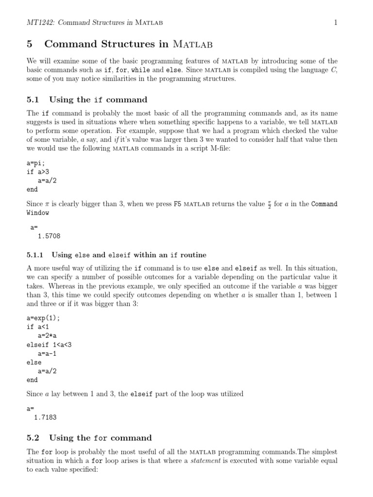 5 Command Structures in Matlab: 5.1 Using The If Command | PDF ...