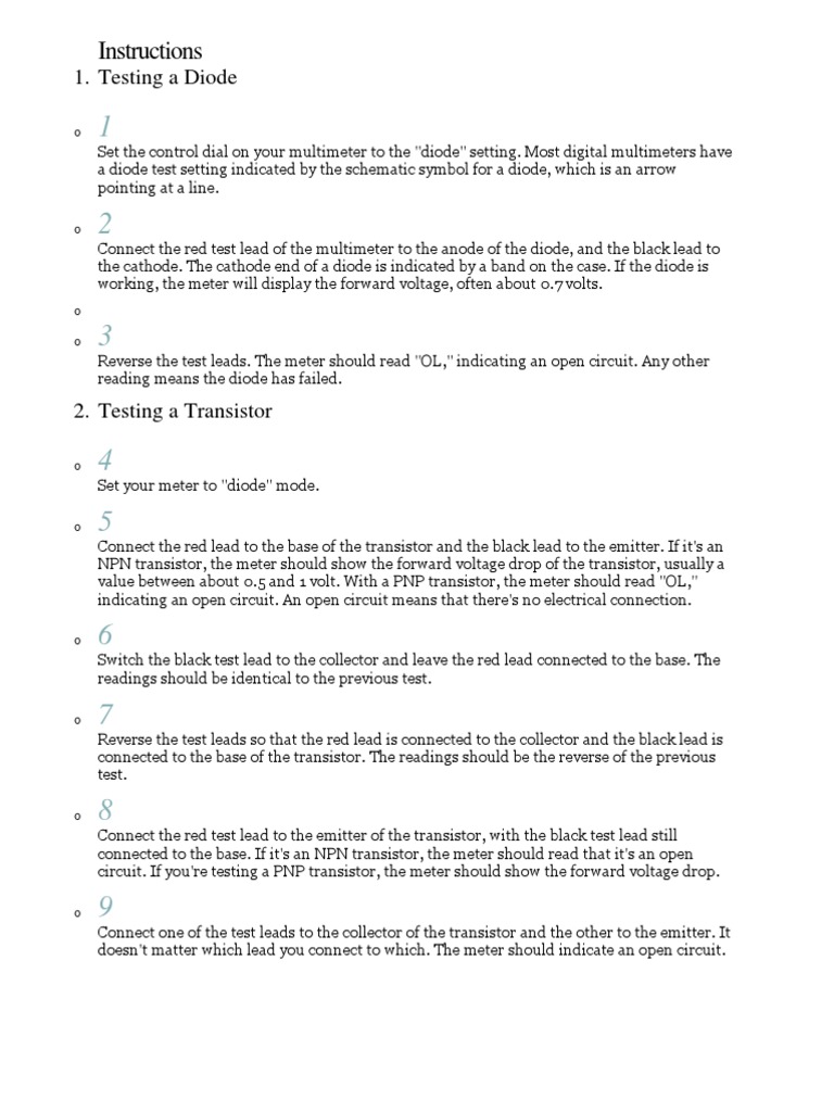 Instructions: 1. Testing A Diode | PDF | Bipolar Junction Transistor ...