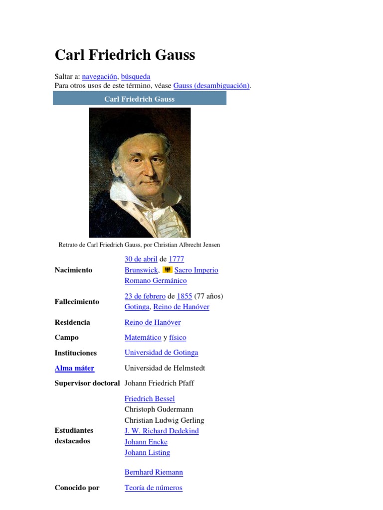Carl Friedrich Gauss | PDF | Enseñanza de matemática | Análisis matemático