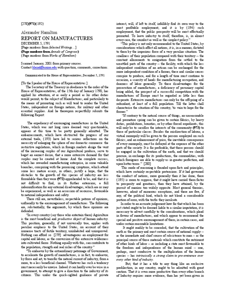 Report On Manufactures by Alexander Hamilton | PDF | Molecular Physics ...