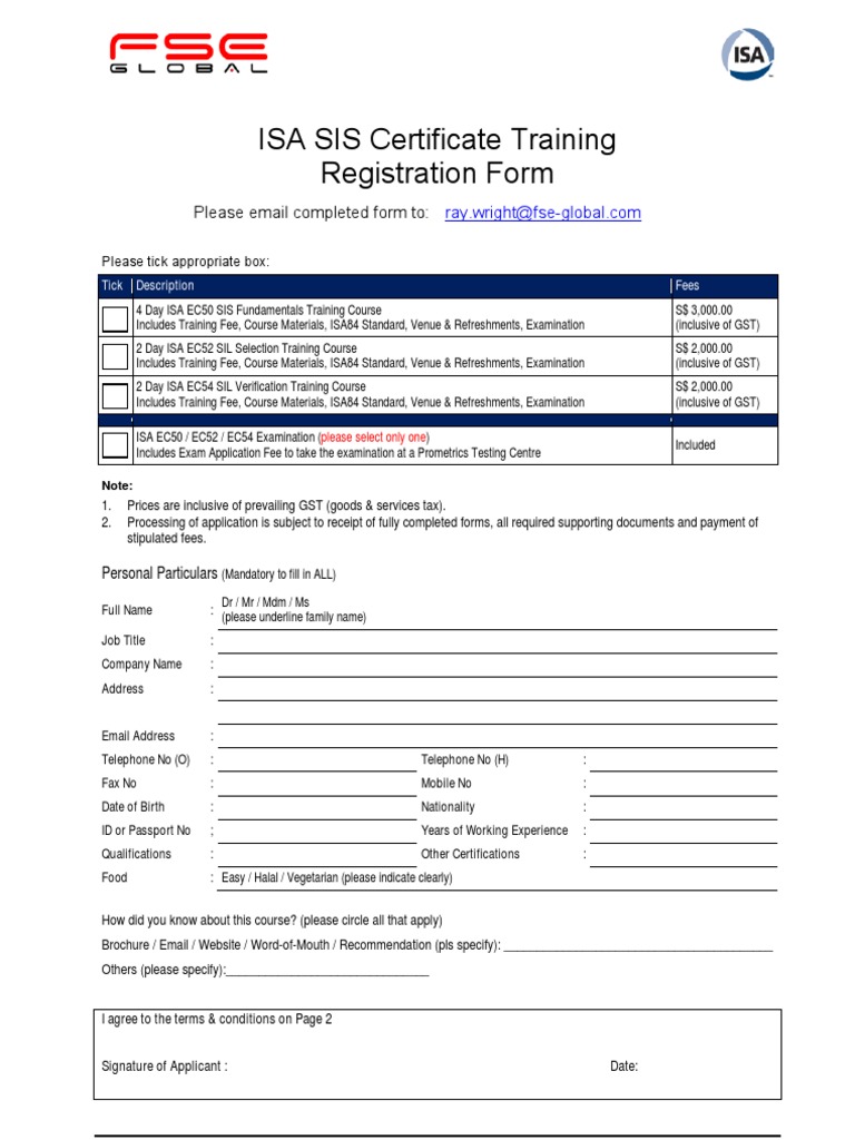 Registration for ISA SIS Certificate Training Courses and Examinations ...