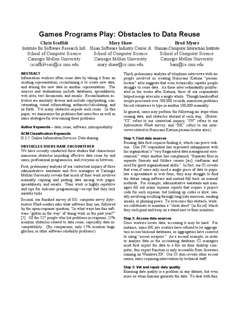 Games Programm Play - Obstacles To Data Reuse | PDF | Spreadsheet | Databases