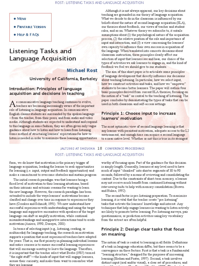 Listening Tasks and Language Acquisition: Michael Rost | PDF | Second ...