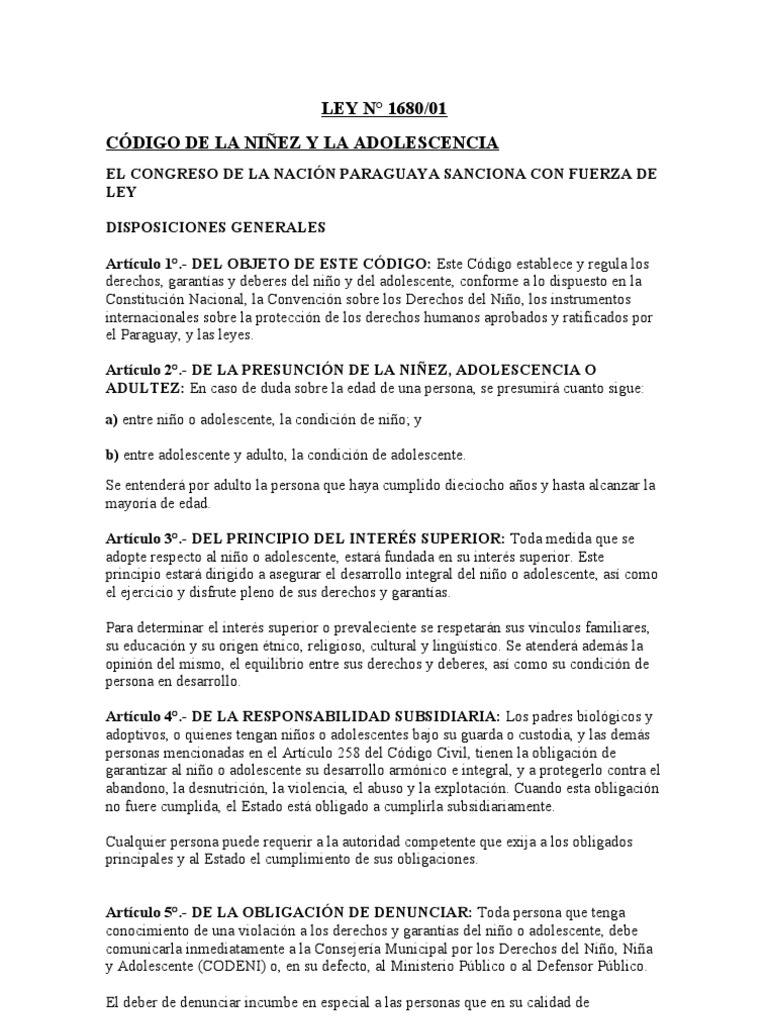 LEY 1680 Del 2001 de La Niñez y La Adolescencia | PDF | Derecho laboral | Adopción