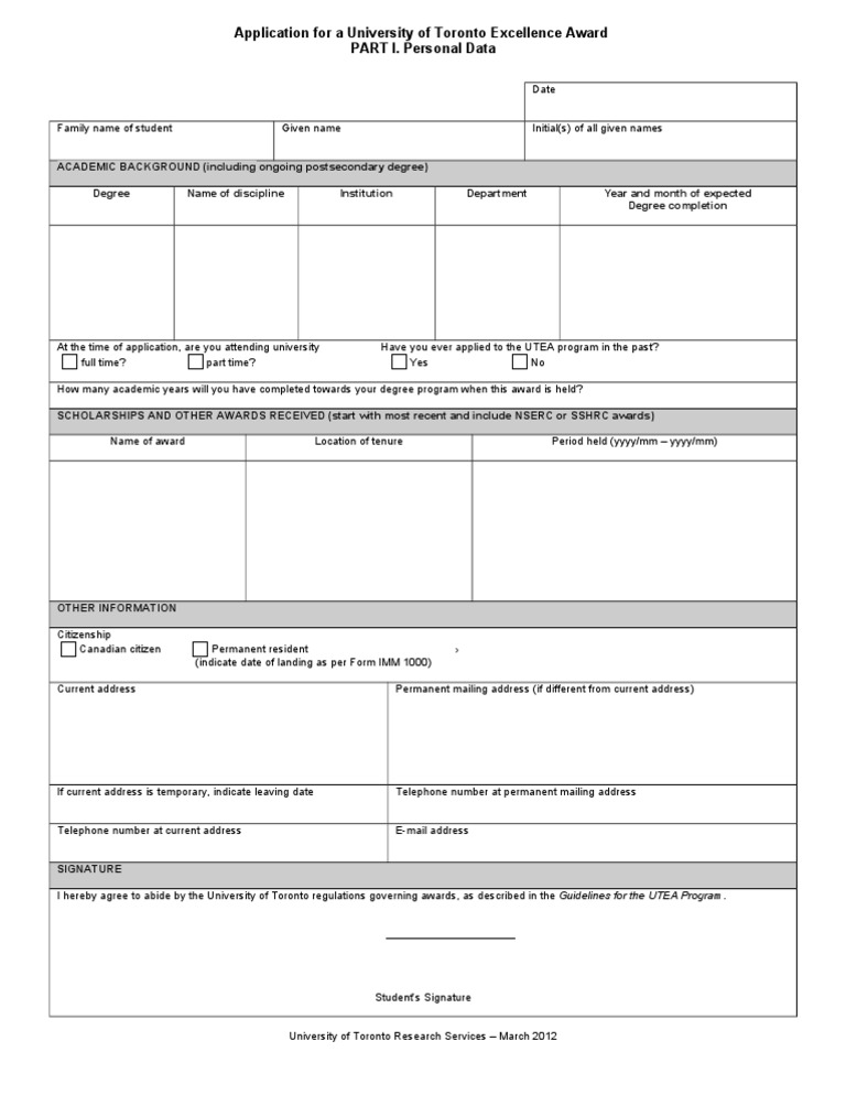 University of Toronto Excellence Award Application | PDF