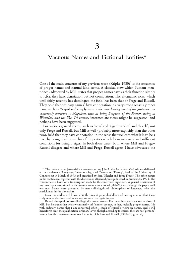Kripke - Vacuous Names and Fictional Entities | PDF | Existence | Philosophy