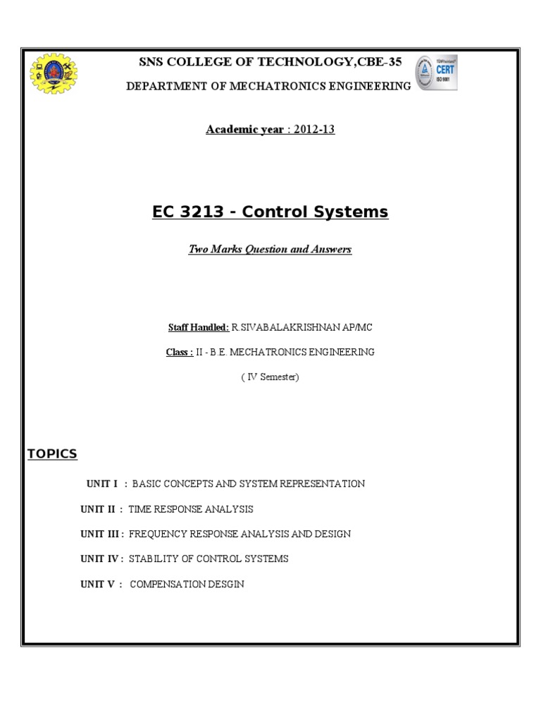 CS Two Marks | PDF | Control Theory | Control System