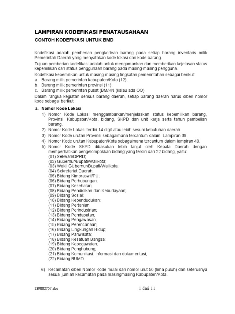 LAMPIRAN KODEFIKASI Penatausahaan | PDF
