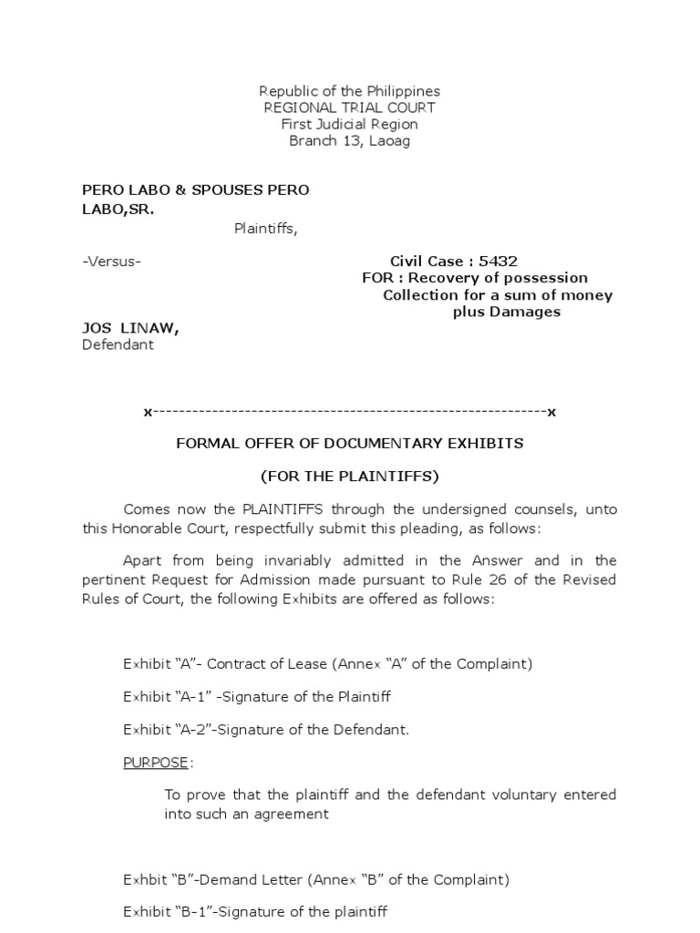 Formal Offer of Exhibits (Revised)